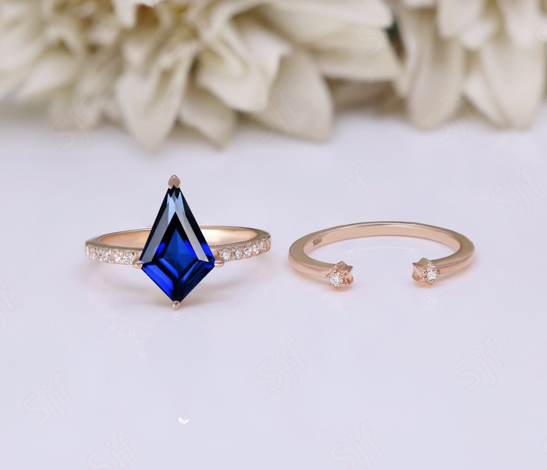 Blue Sapphire Gemstone Engagement Ring Set Kite Shape Ring Set for Her ...