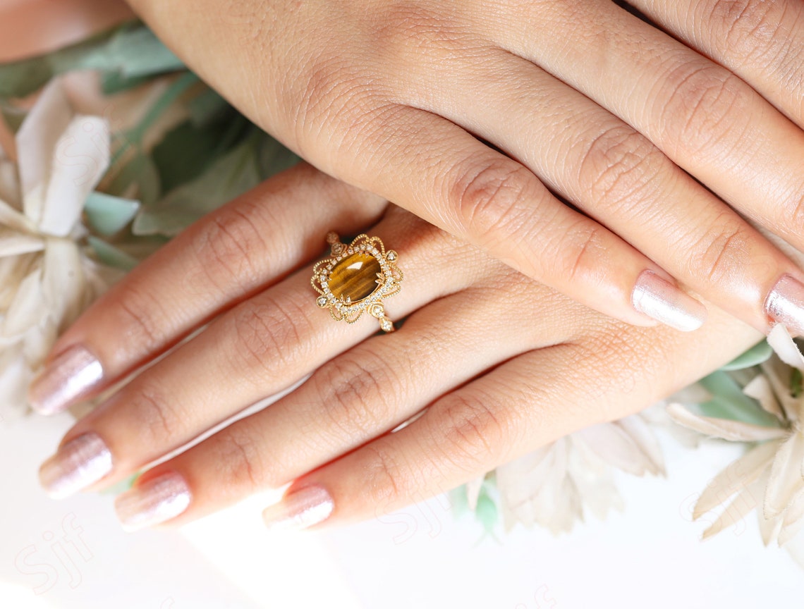 10x8mm Tiger Eye Oval Cab Stone Wedding Ring, Vintage Art Deco Ring ...