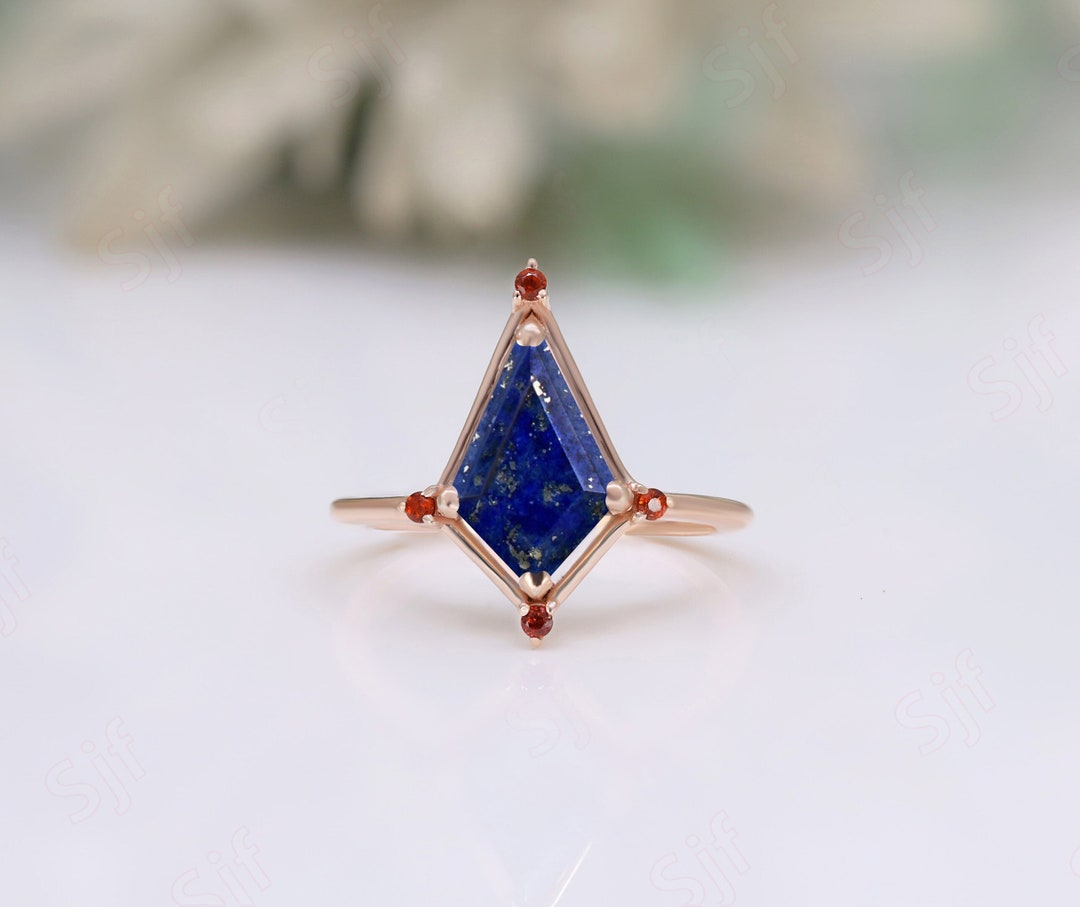 Kite Shape Natural Blue Lapis Lazuli Engagement Gold, Dainty Red Garnet ...