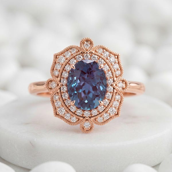 Alexandrite Halo Rings - Etsy UK