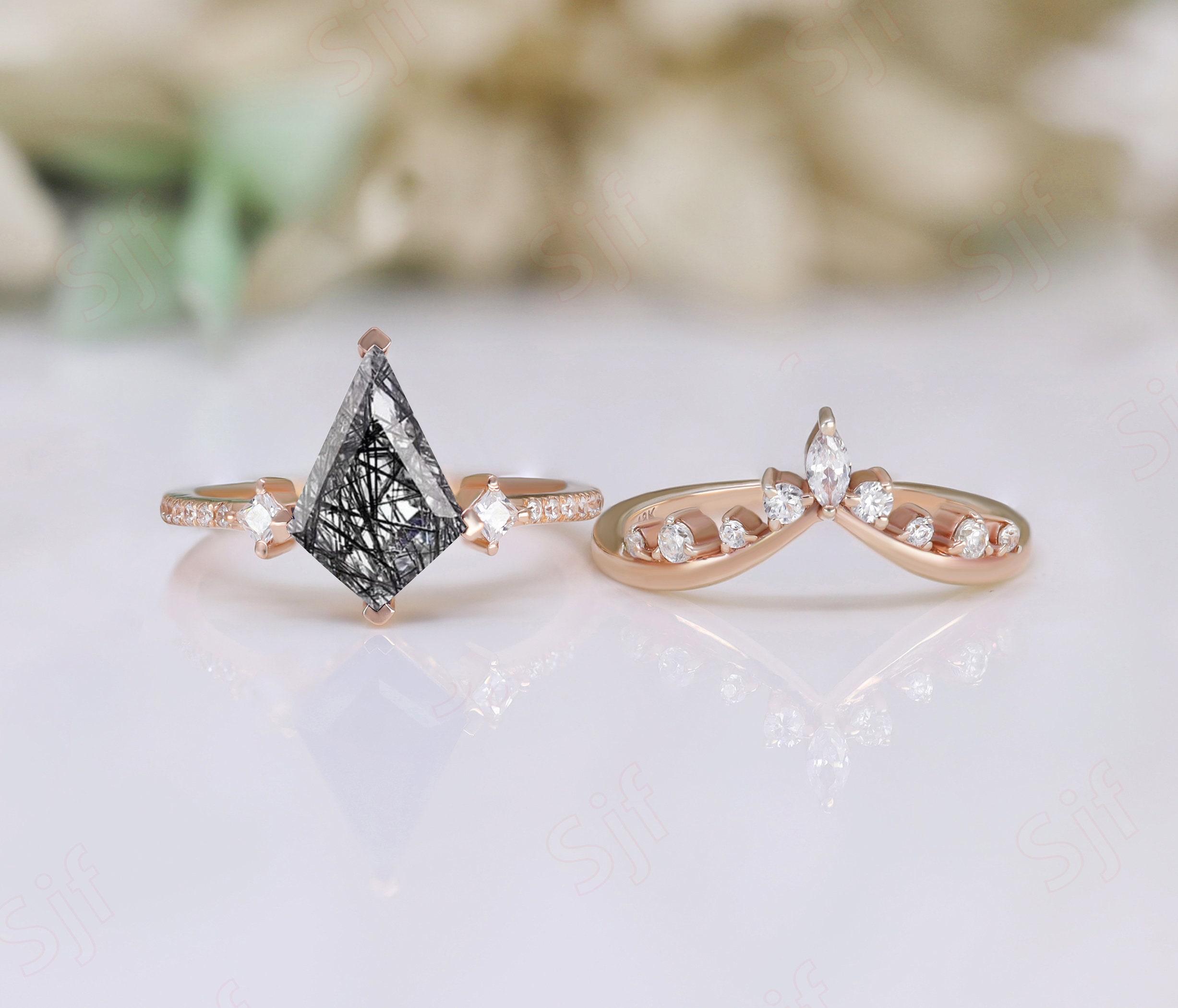 Engagement Ring Set: Kite Cut Black Rutile - Vintage Style, 2 Rings - Etsy
