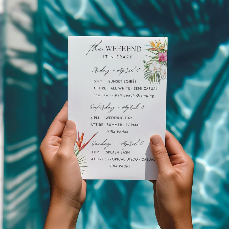 Welcome Card Wedding Itinerary Template Tropical Destination Wedding ...