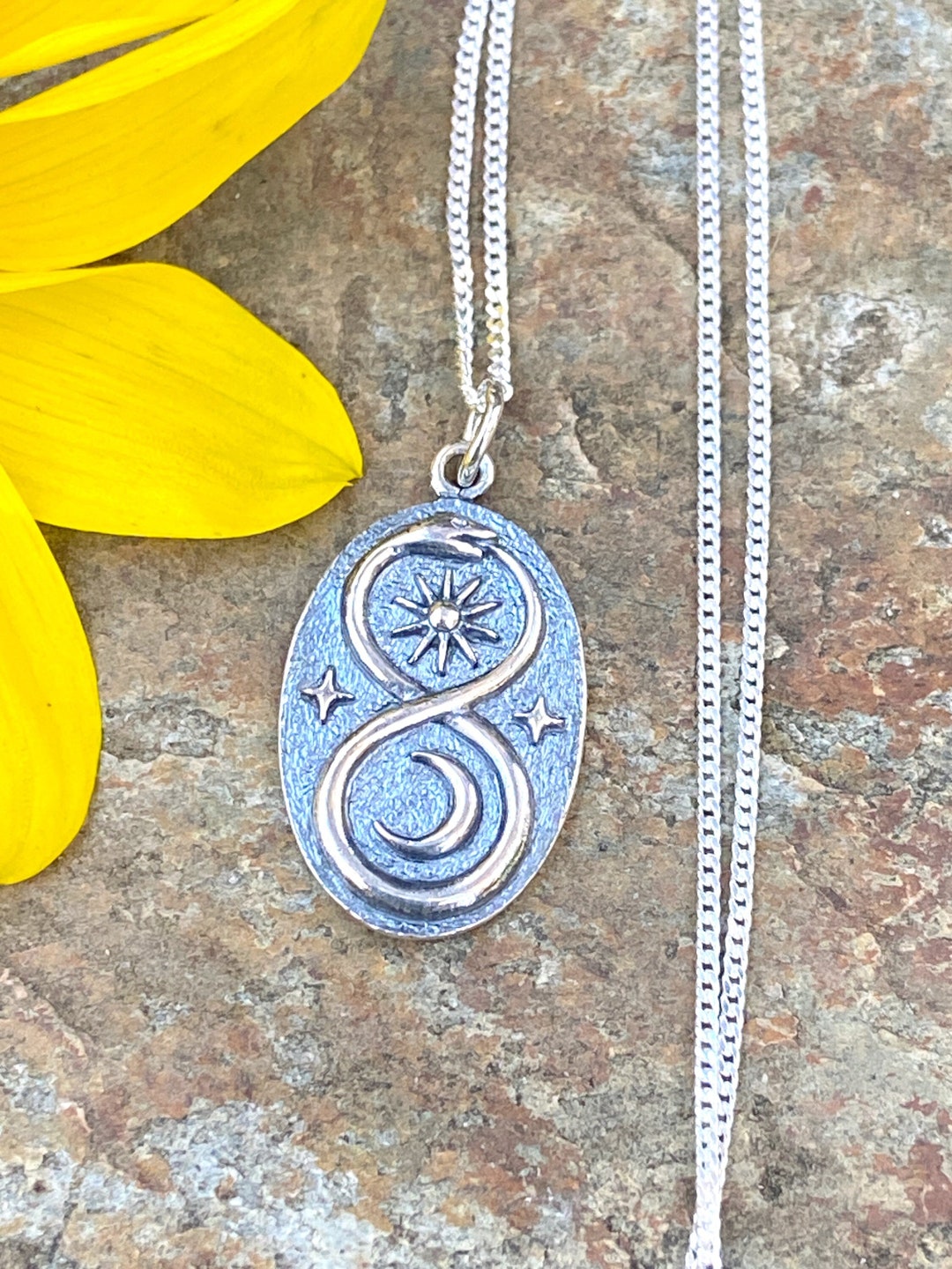 Silver Ouroboros Snake Pendant With Sun and Moon, Infinity Serpent ...