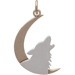 925 Sterling Silver Howling Wolf Charm Bronze Moon Night Sky Symbols ...