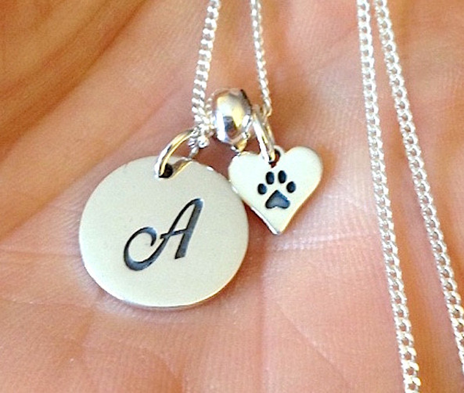 Sterling Silver Dog Paw Cursive Initial Charm Necklace Honor | Etsy