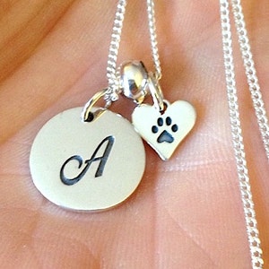 Sterling Silver Dog Paw Cursive Initial Charm Necklace Honor - Etsy
