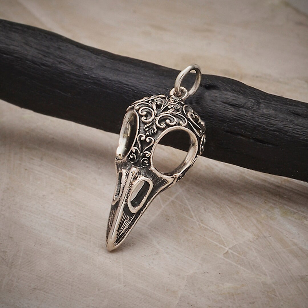 Sterling Silver Raven Skull Charm Scroll Carving / Pendant Whimsigoth ...