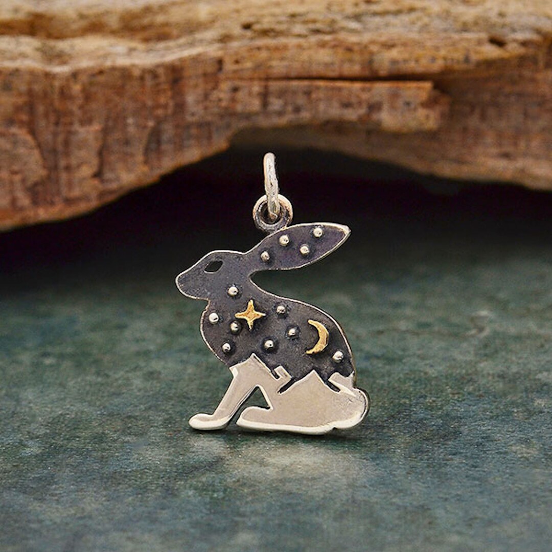 925 Sterling Silver Hare Charm With Bronze Star and Moon / Rabbit Bunny ...