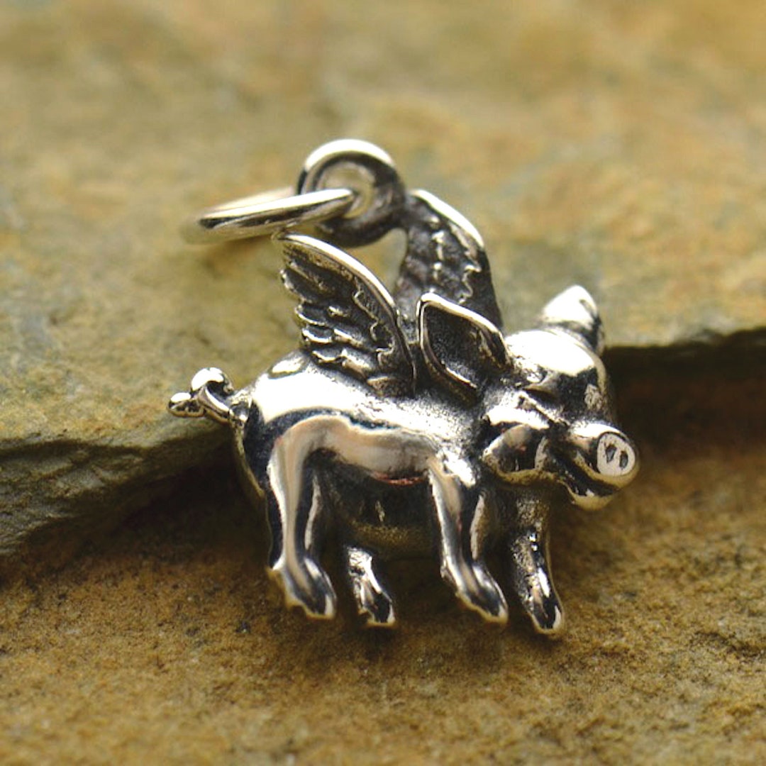 Sterling Silver Flying Pig Charm Necklace Bracelet / Animal Lover Swine ...