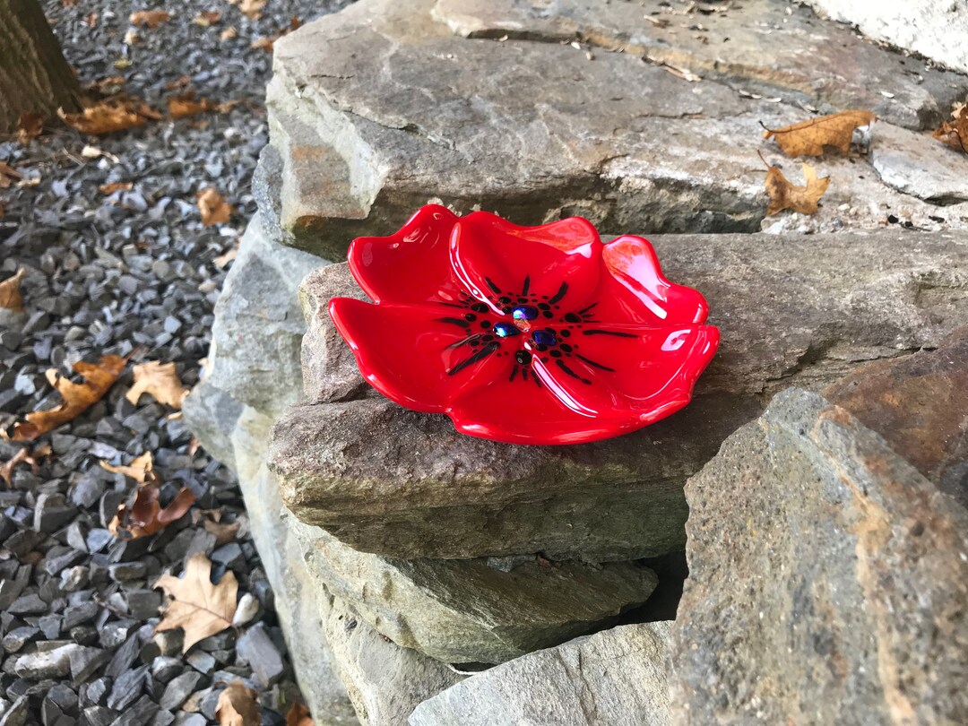 Red Poppy Trinket Dish, Dichroic and Black Accents DISH-6 - Etsy