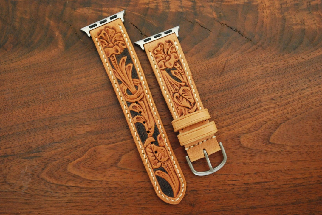 Hand Tooled Western Leather Apple Watch Strap, Natural and Black - Etsy