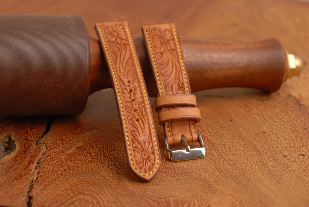 Hand Tooled Western Leather Watch Strap, Natural - Etsy