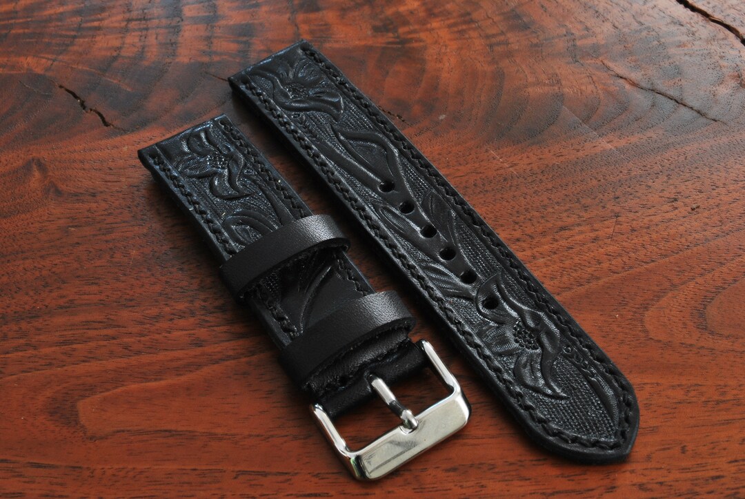 Hand Tooled Western Leather Watch Strap, Black - Etsy