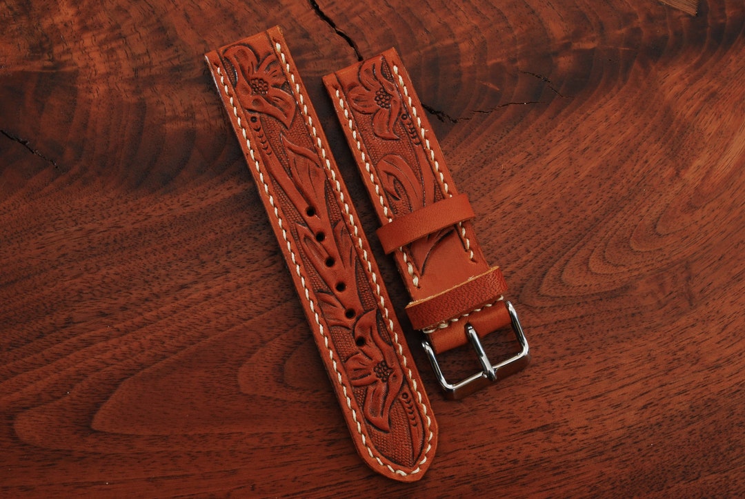 Hand Tooled Western Leather Watch Strap, Tan - Etsy