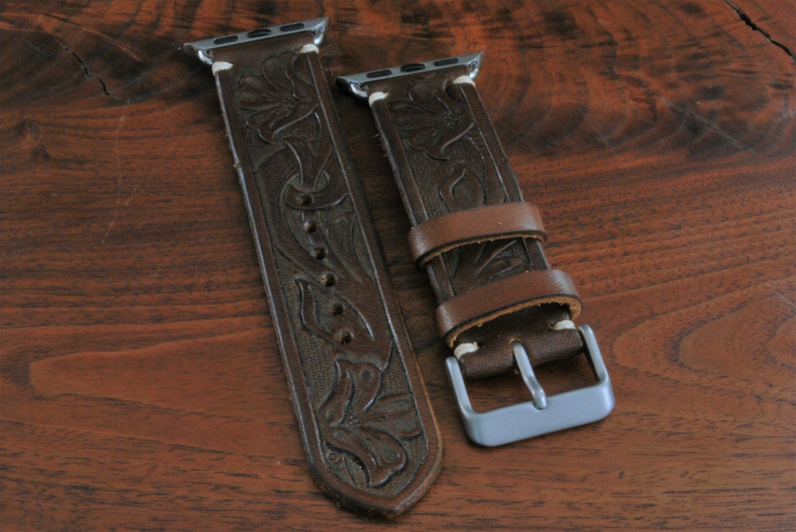 Hand Tooled Leather Apple Watch Strap Brown | Etsy