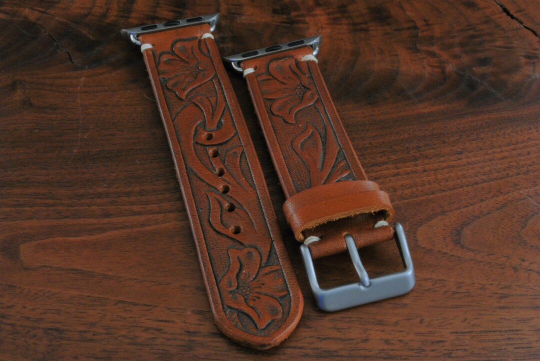Hand Tooled Leather Apple Watch Strap, Tan - Etsy