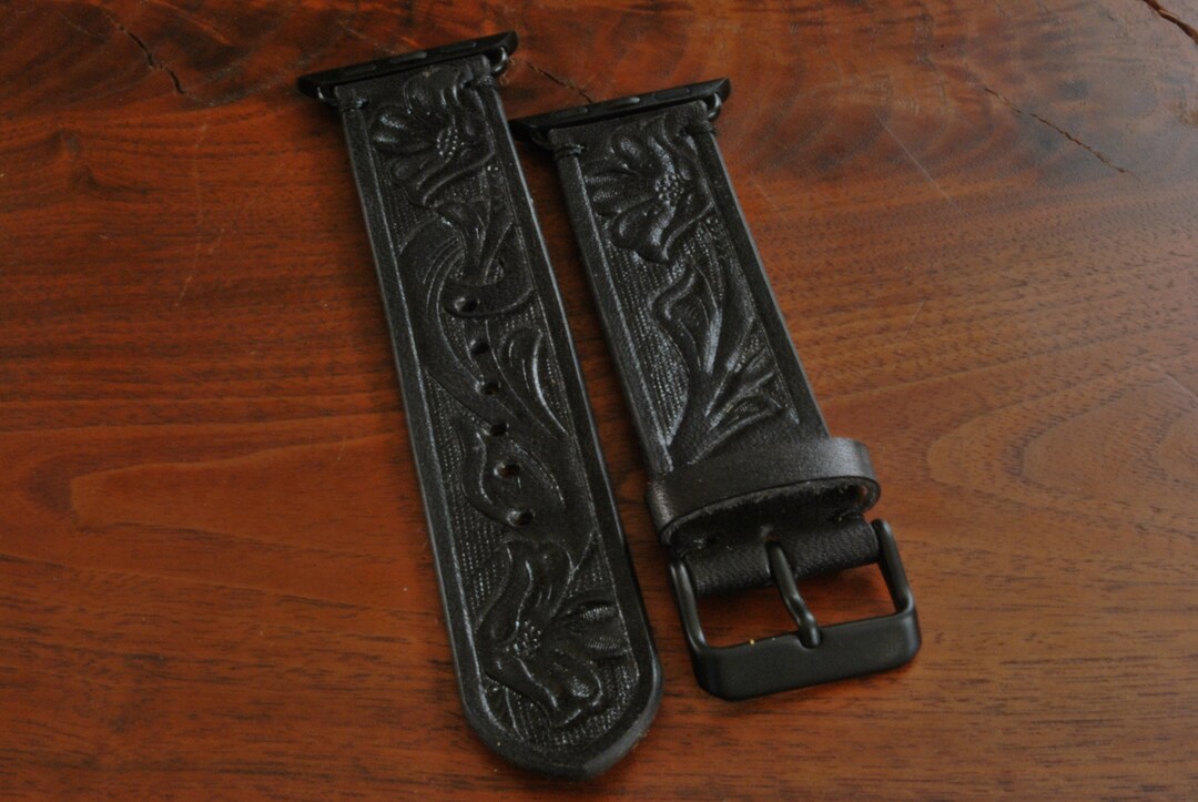 Hand Tooled Leather Apple Watch Strap, Black - Etsy