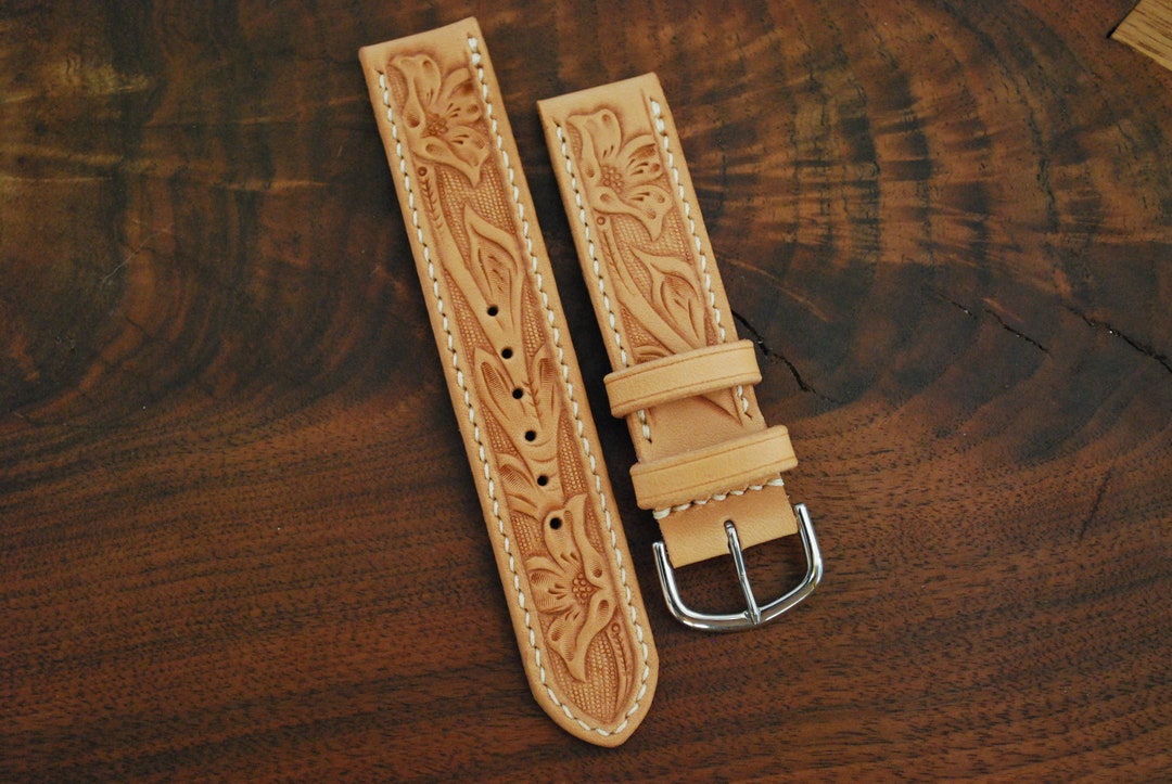 Hand Tooled Western Leather Watch Strap, Natural - Etsy