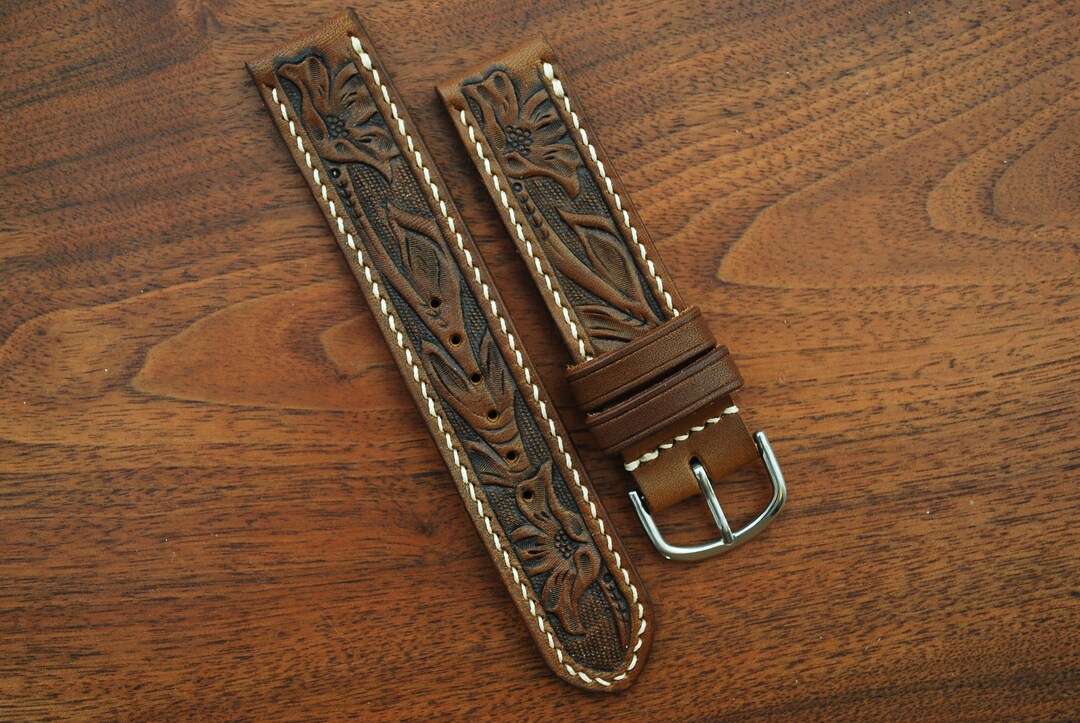 Hand Tooled Western Leather Watch Strap, Walnut - Etsy