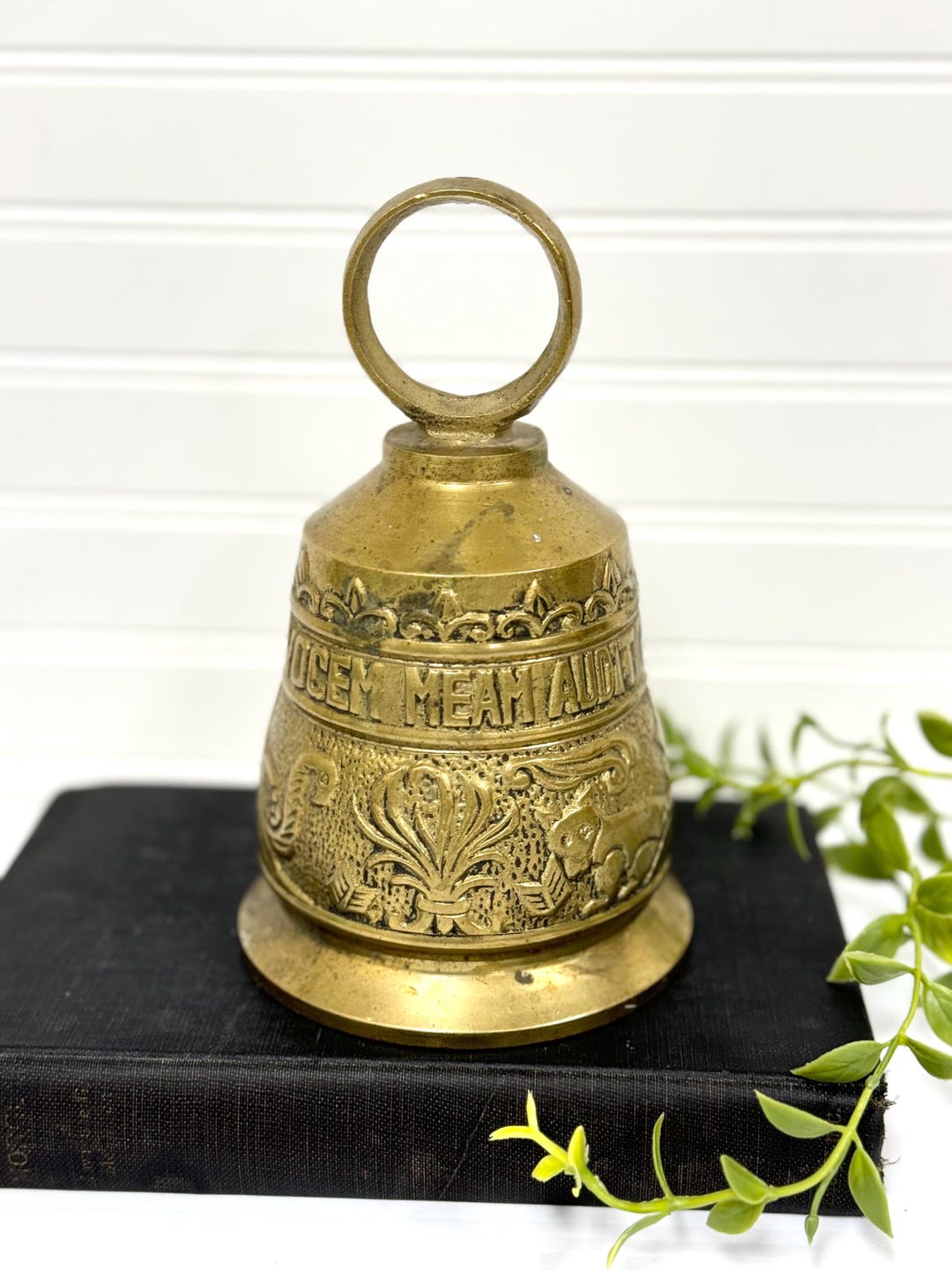 Large Vintage Brass Bell- Large 6.5” Tall Brass Ornate Bell With Latin ...