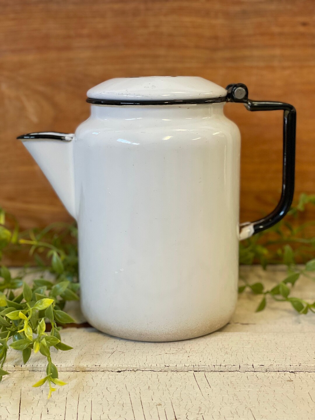 Enamel Pitcher Percolator- Vintage Rustic White Enamel With Black Trim ...