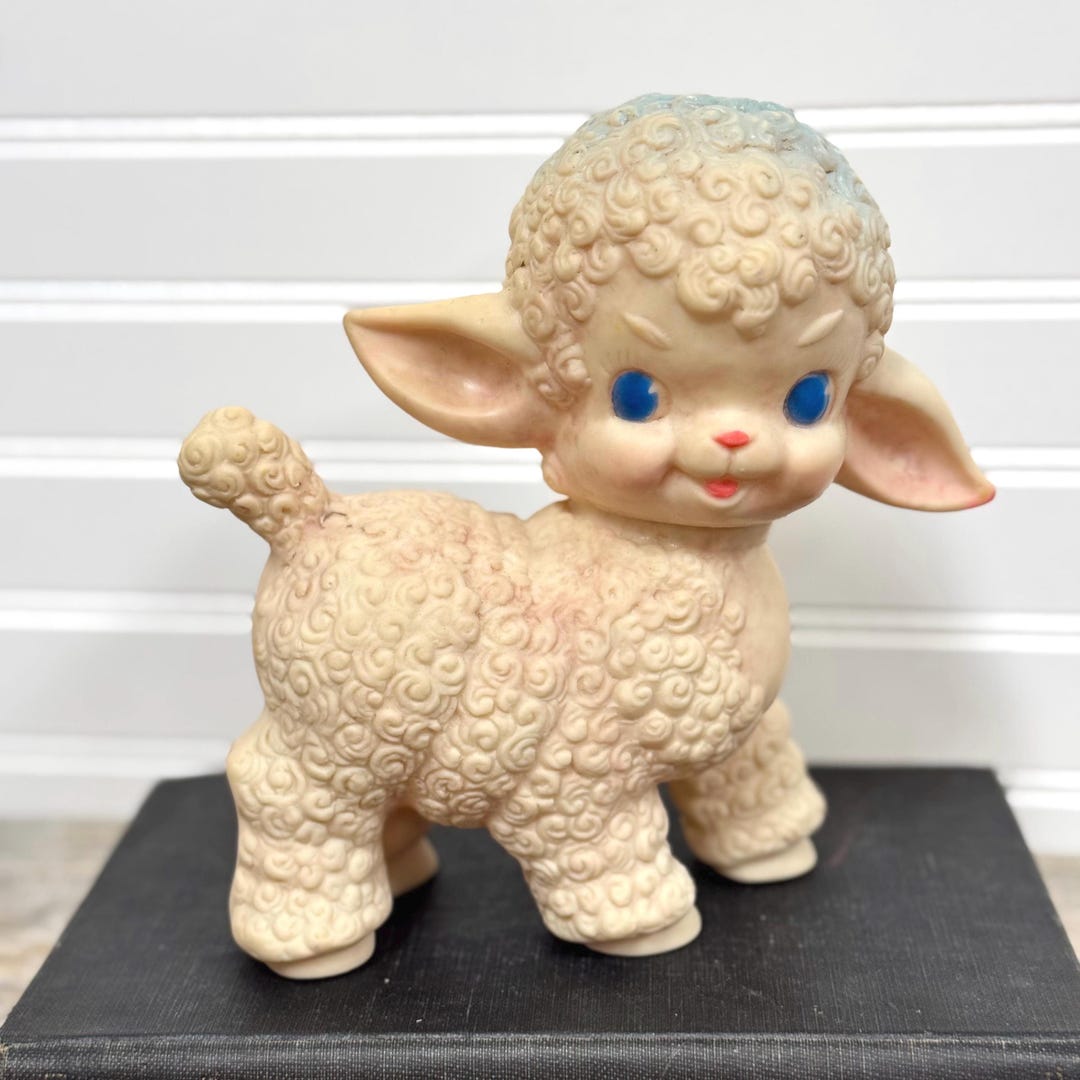 Vintage Rubber Squeaky Lamb- 1955 Sun Rubber Co.- Cream Pink and Blue ...