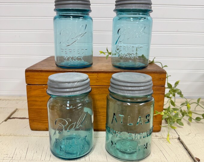 Vintage Pint Blue Ball Canning Jars With Zinc Lids- Choice of Blue Jars ...