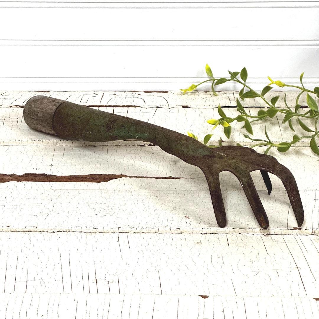 Rustic Vintage Hand Rake- Metal and Wood Handheld Garden Cultivator ...