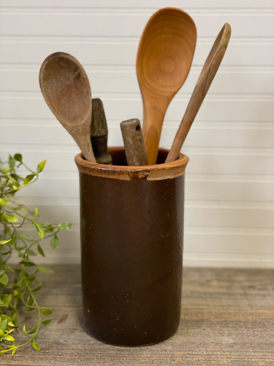 Antique Stoneware Crock Utensil Crock Brown Crock Tall - Etsy