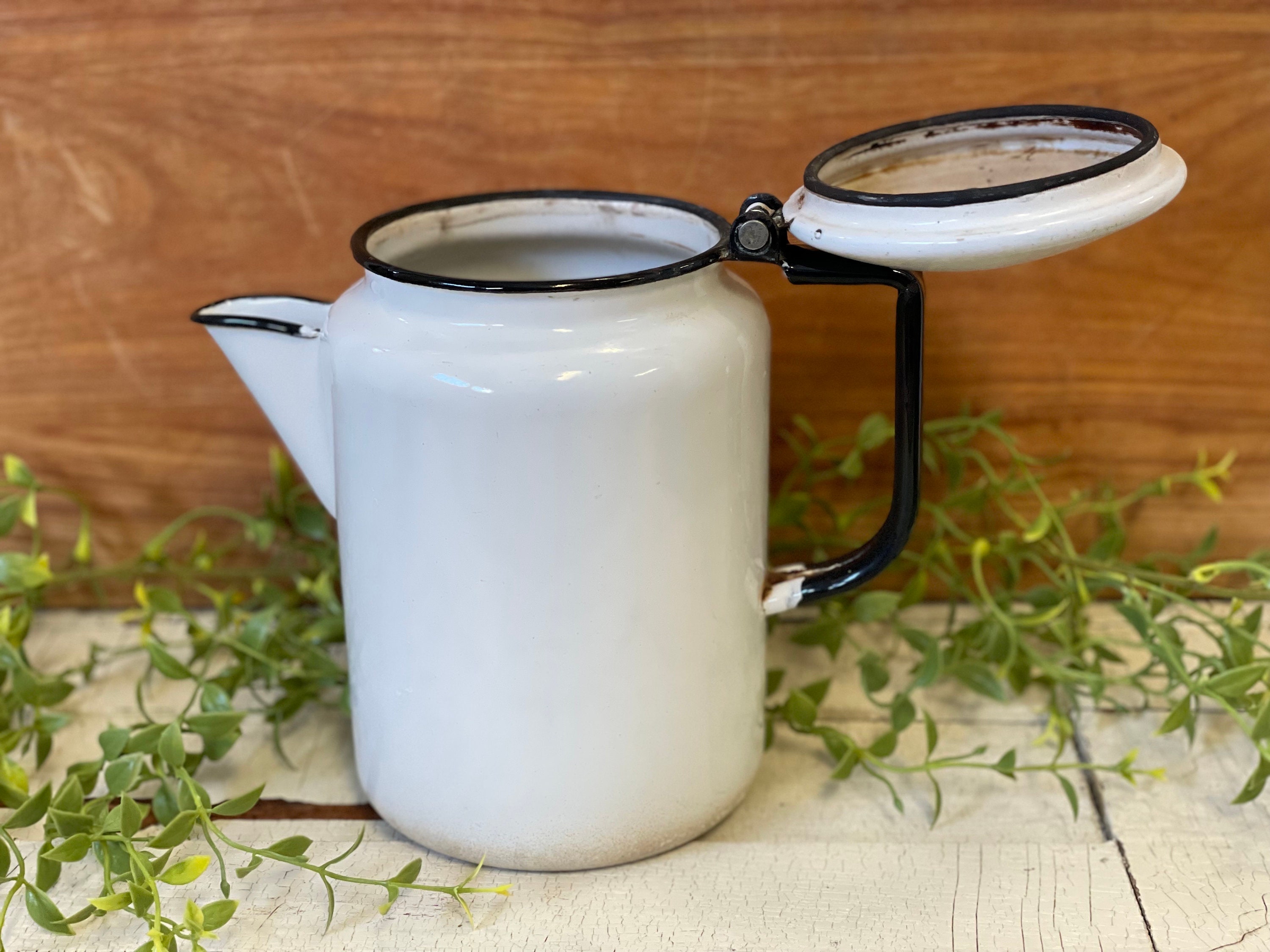 Enamel Pitcher Percolator Vintage Rustic White Enamel With - Etsy