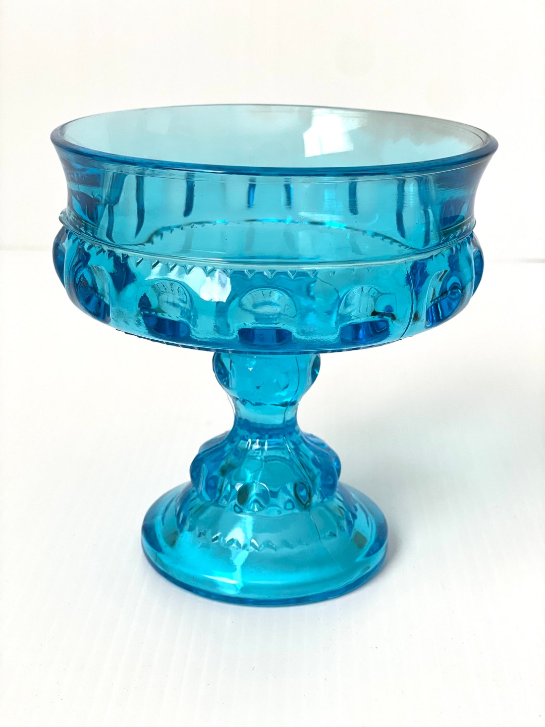 Kings Crown Blue Compote, Blue Thumbprint Pedestal Bowl, Colony Crown ...