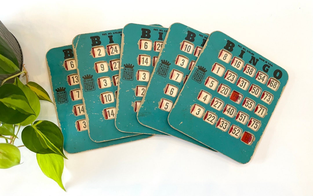 Vintage Bingo Cards- Set of 5 Teal Vintage Bingo Boards With Sliding ...