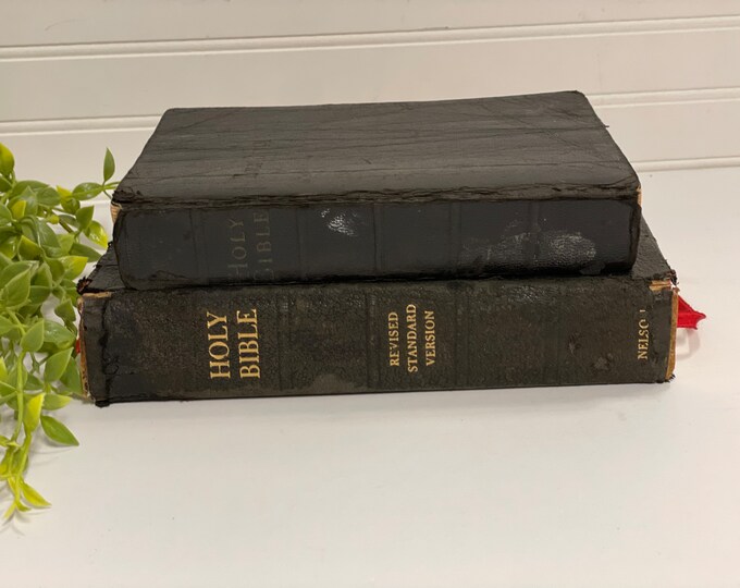 Vintage Bible Stack- Set of 2 Old Bibles- Bible Decor- Leather Bibles ...