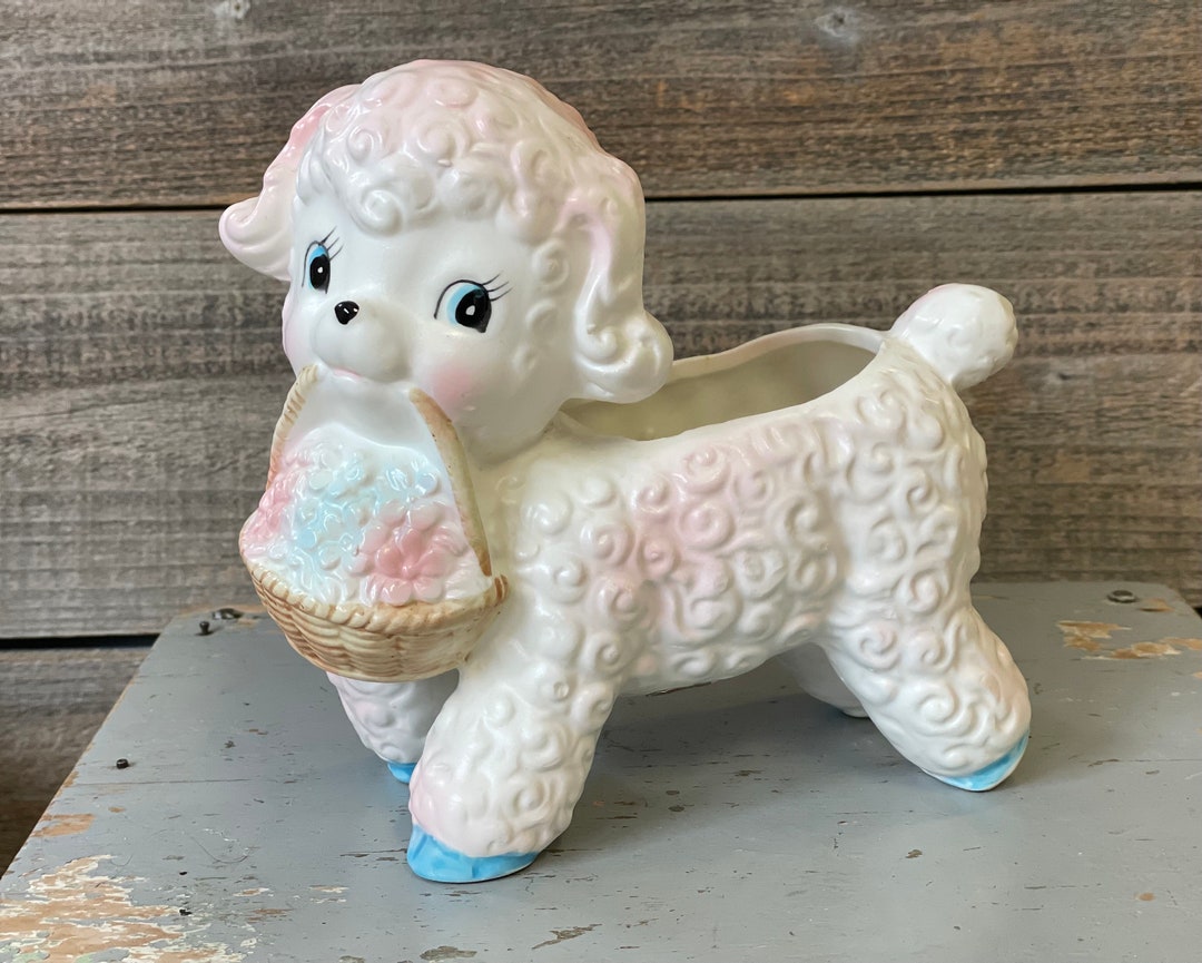Vintage Lamb Planter- Kitcshy Nursery Planter- White Pink and Blue ...