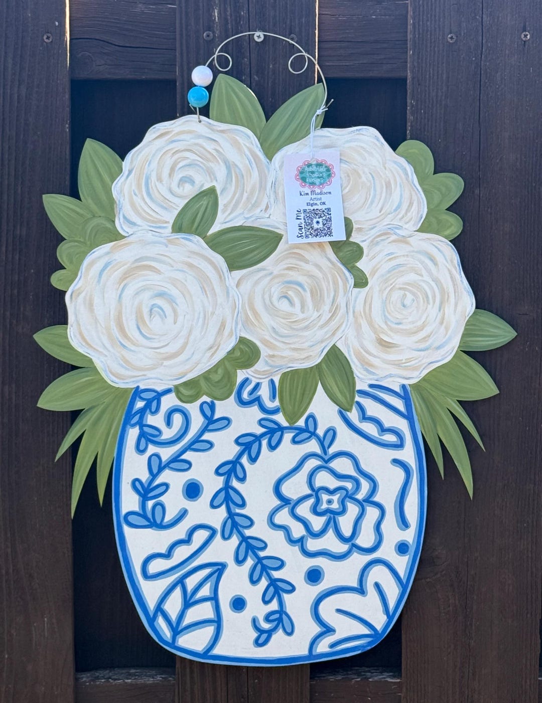 Flowers in Chinoiserie Vase Door Hanger, Spring or Fall Door Hanger ...