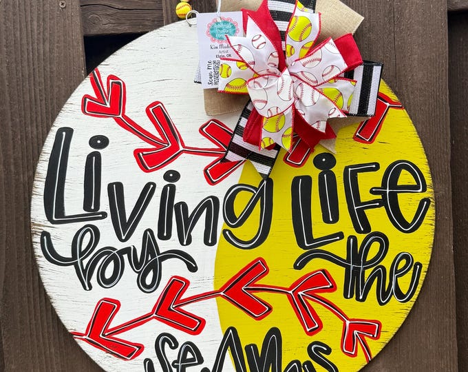 Living Life by the Seams Door Hanger, Baseball, Softball, Ball Field ...