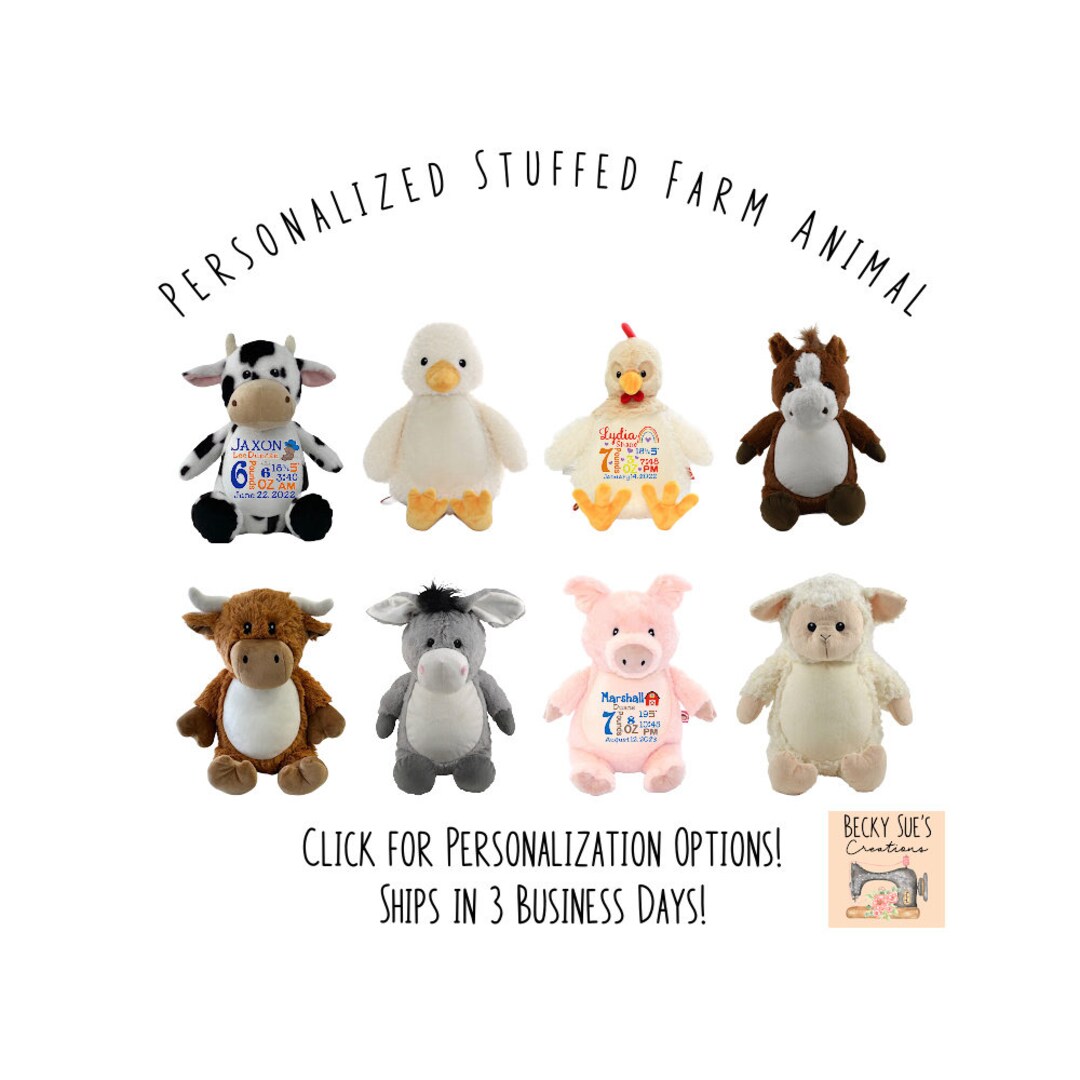 Personalized Stuffed Farm Animals With Embroidered Birth Announcement ...