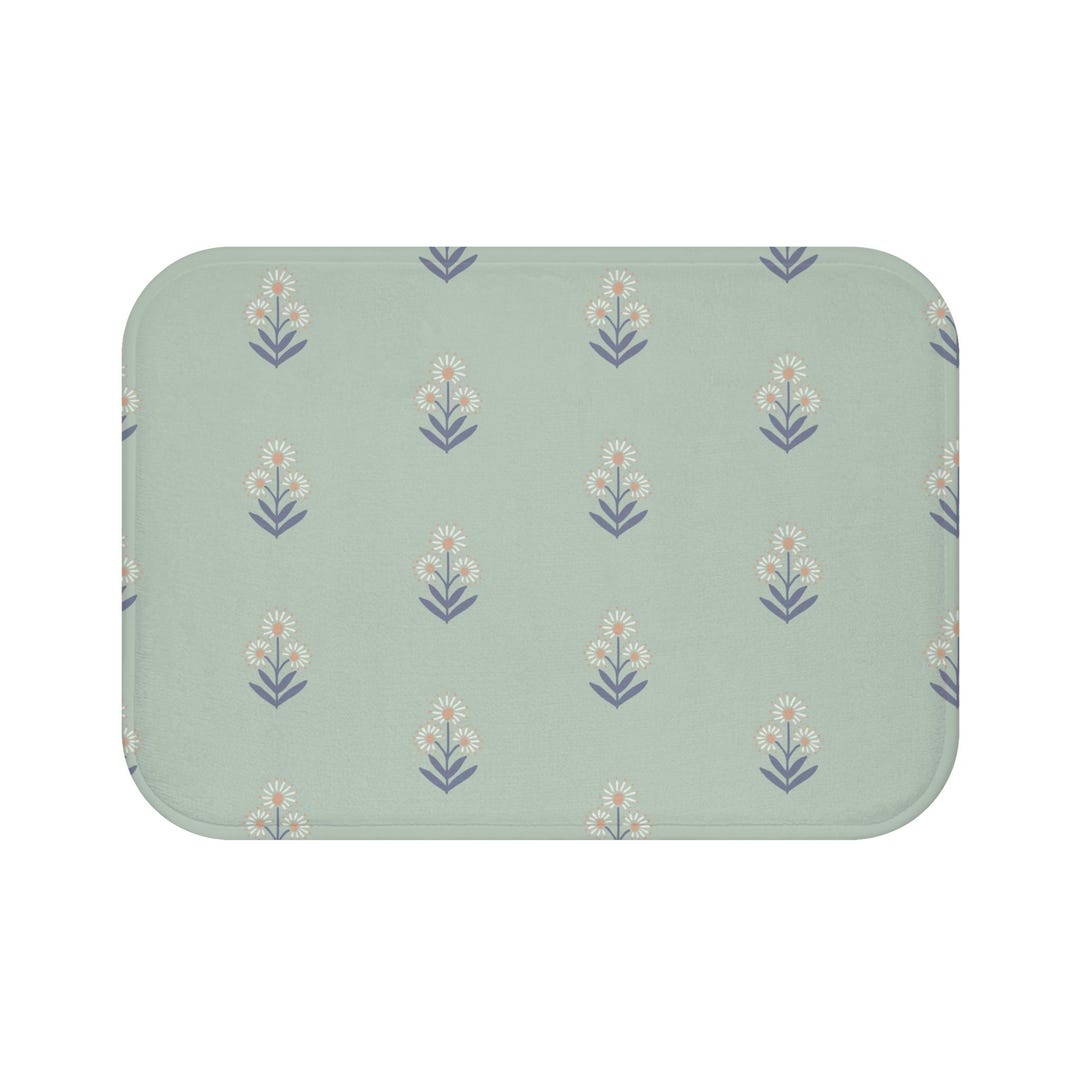 Plush Bath Mat, Boho Floral Block Print, Lavender Coral Mint Green ...