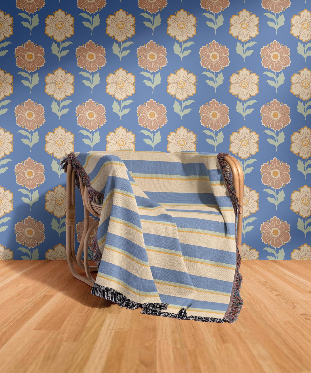 Cotton Woven Blanket, Molly Stripes, Periwinkle Peach Ivory Sage ...