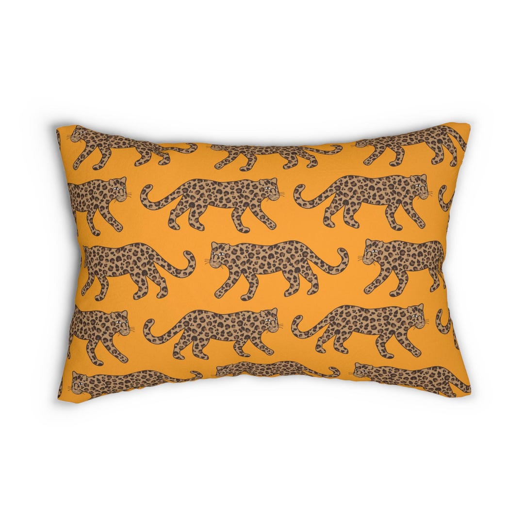 Lumbar Pillow, Leopard Parade, Classic on Bright Orange, Safari Jungle ...