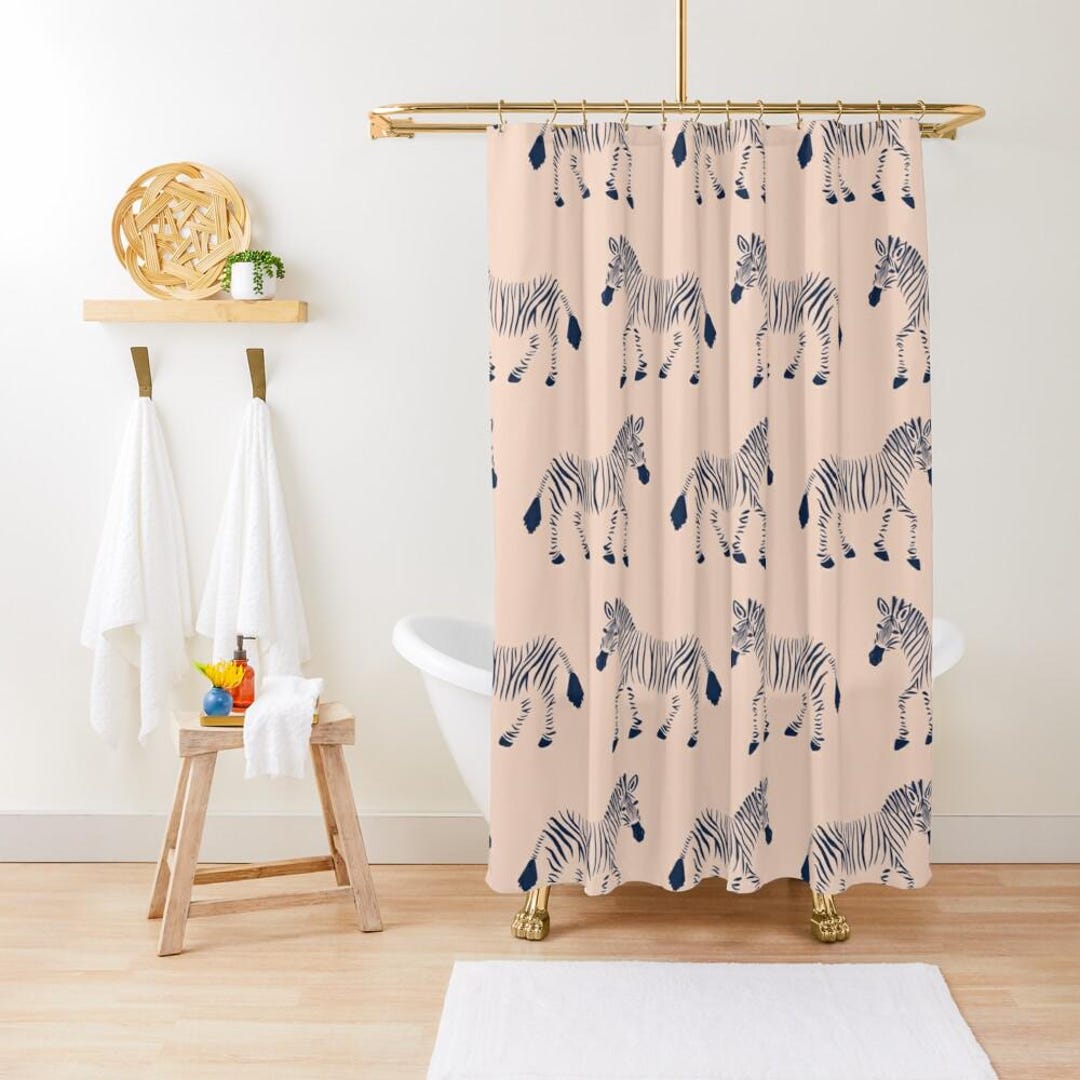 Shower Curtain, Zebra Parade, Navy Blue on Blush Pink, Animal Print ...