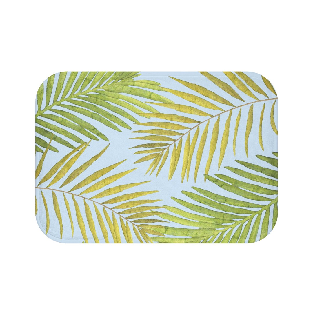 Plush Bath Mat, Watercolor Palm Leaves, Blue Green, Tropical Island ...