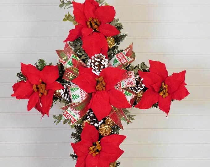 Christmas Grave Cross With Red Poinsettias, Christmas Cemetery Cross ...