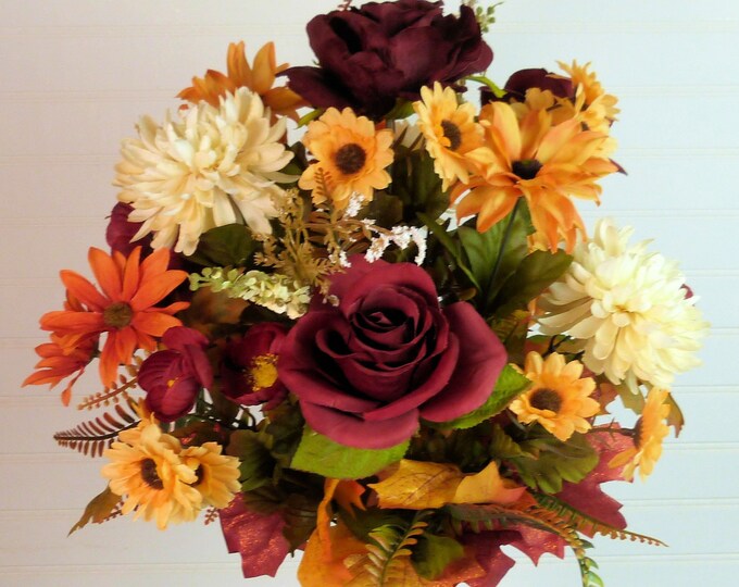 Fall Cemetery Vase Arrangement, Fall Cemetery Vase With Roses, Cemetery ...