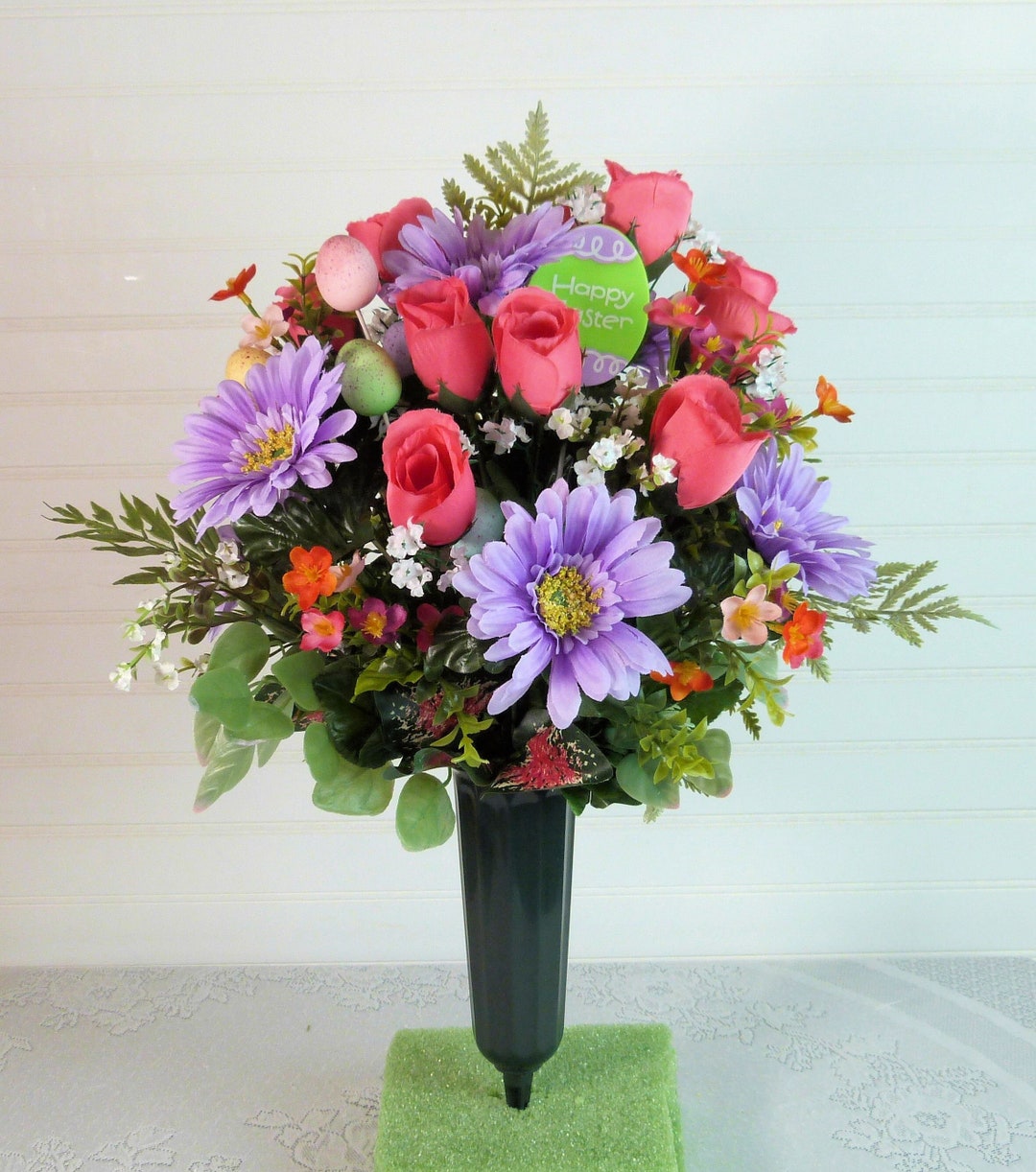 Spring Cemetery Vase, Easter Cemetery Arrangement With Roses, Easter ...