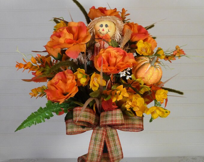 Fall Cemetery Vase With Roses and Scarecrow, Fall Cemetery Arrangement ...