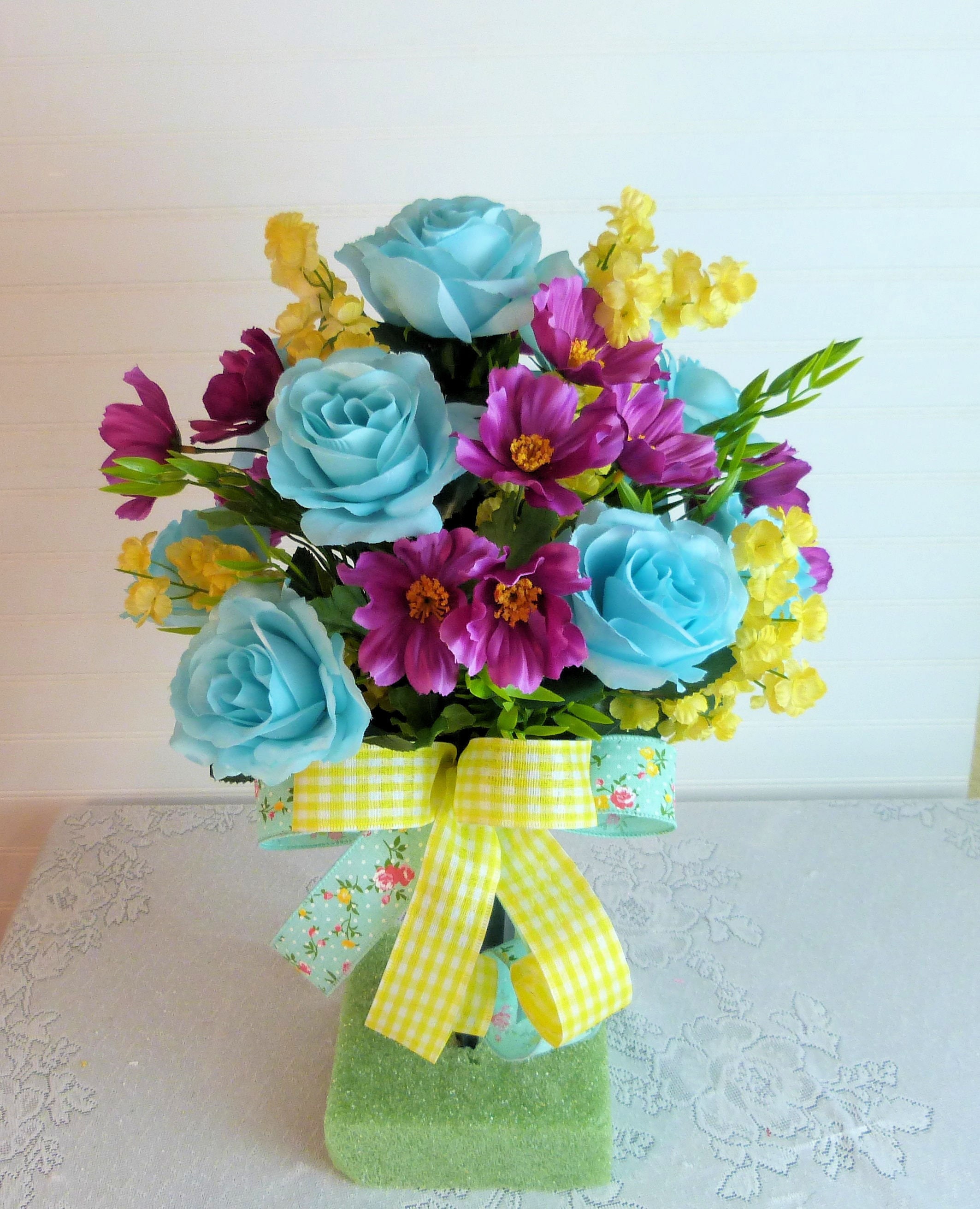 Spring Cemetery Vase Cemetery Arrangement With Aqua Roses | Etsy