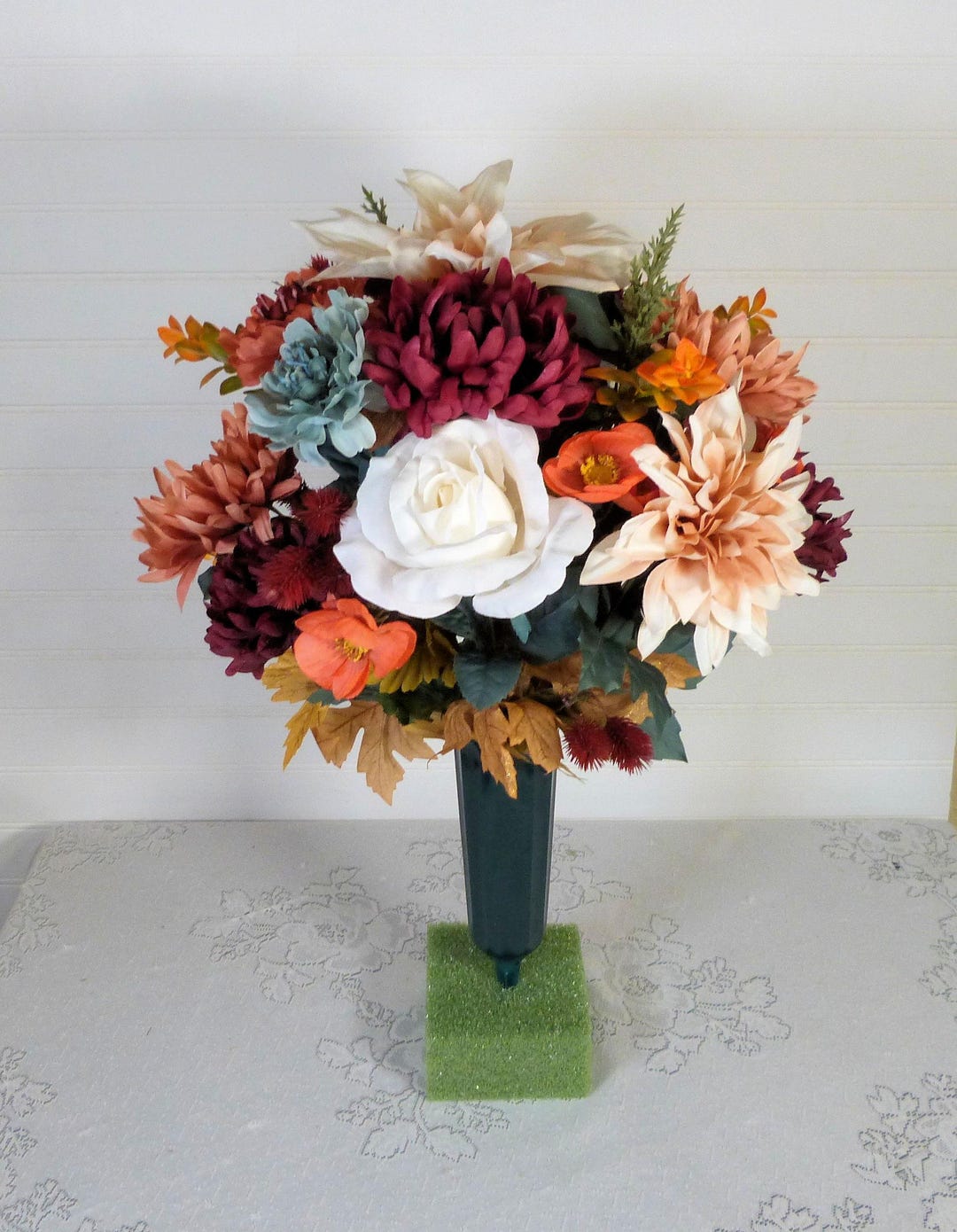 Fall Cemetery Vase With Dahlias, Cemetery Arrangement for Fall, Fall ...