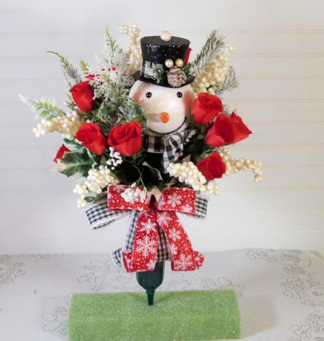 Snowman Grave Arrangement, Christmas Cemetery Vase With Snowman ...