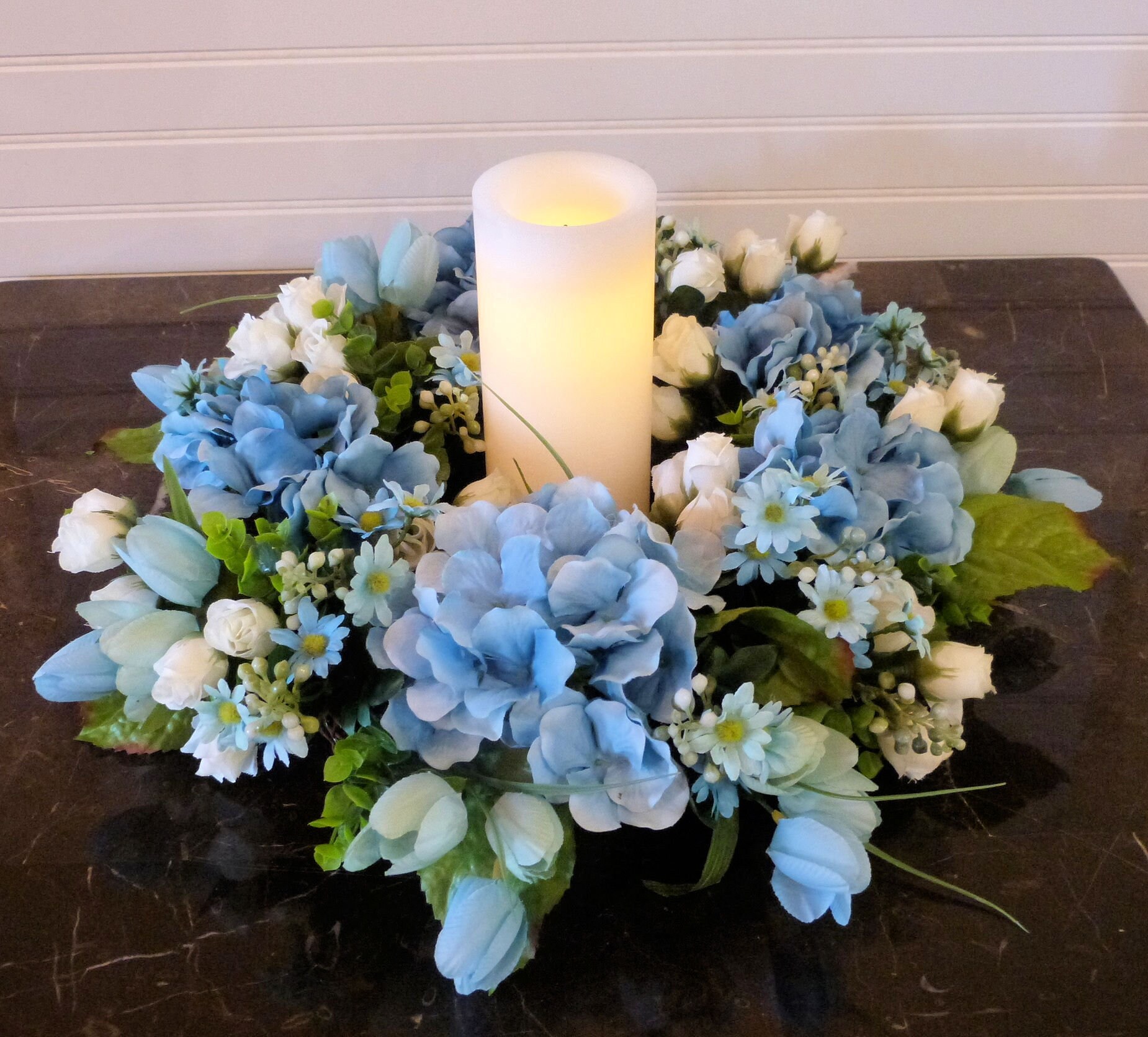 Blue Hydrangea Candle Ring, Candle Wreath Rings, Candle Arrangement ...